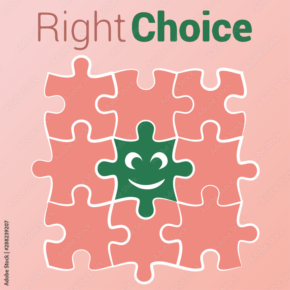 Completed jigsaw puzzle. Smiling piece of puzzle. Correct piece ...