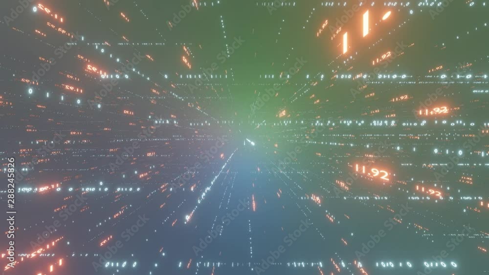 The span of the camera in a bright abstract binary space. Digital fly binary code background ...