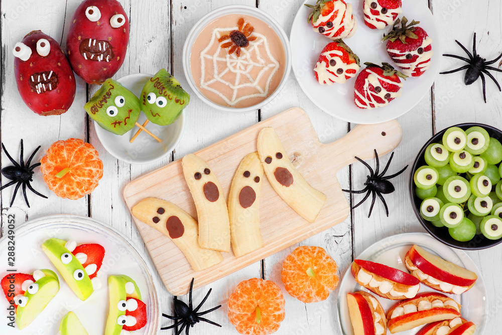 Healthy Halloween fruit snacks. Selection of fun, spooky treats. Top ...