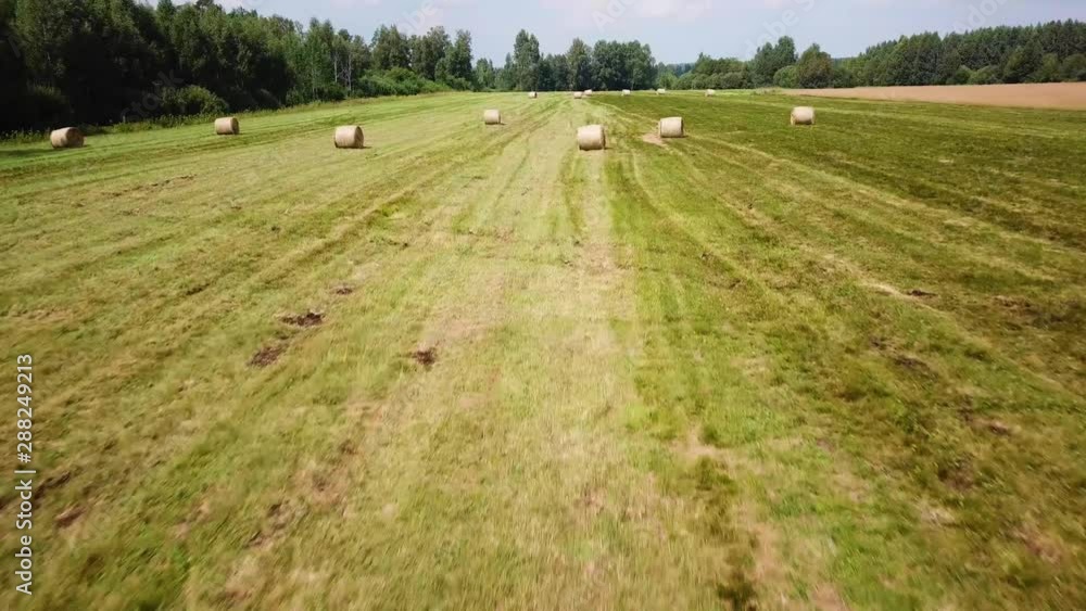 Vidéo Stock Flying just feet over the top of this hay field and its hay ...