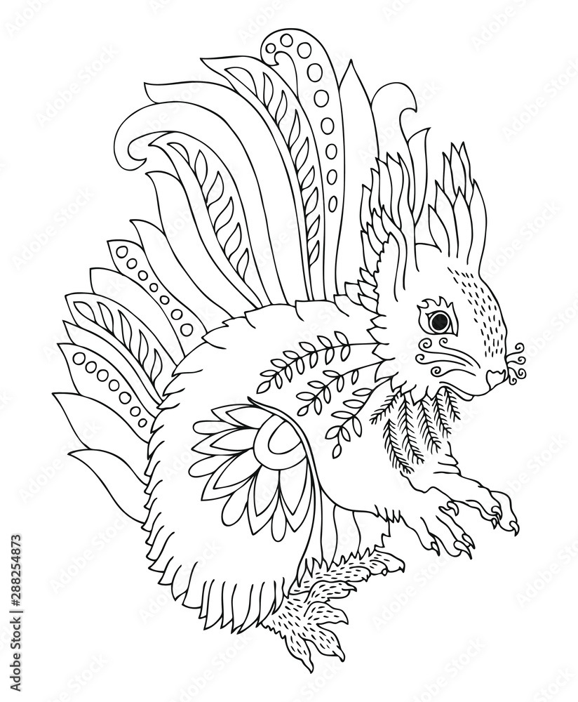 Decorative squirrel. Hand drawn picture. Sketch for anti-stress adult ...
