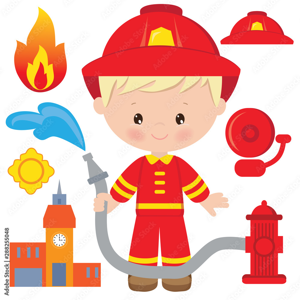 Cute little blonde boy firefighter vector cartoon illustration Stock ...