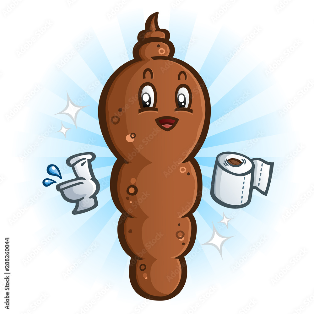 A cute childlike cartoon poop turd character against a sparkling clean ...