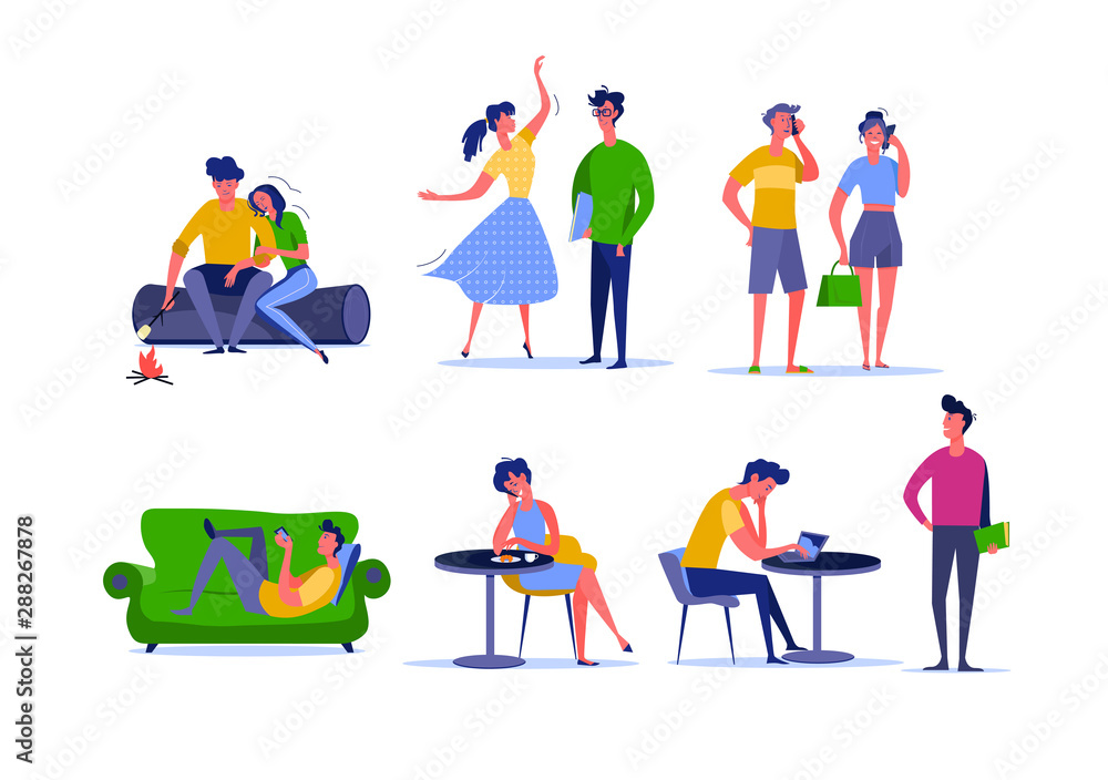 Daily activity of young couples. Male and female cartoon characters ...