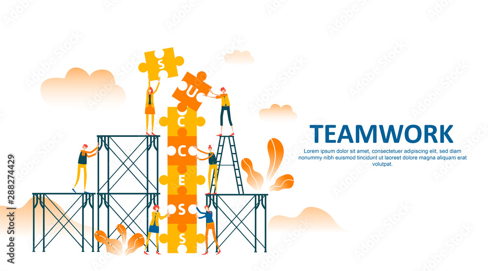 teamwork of people connecting puzzle elements with climbing stair and ...
