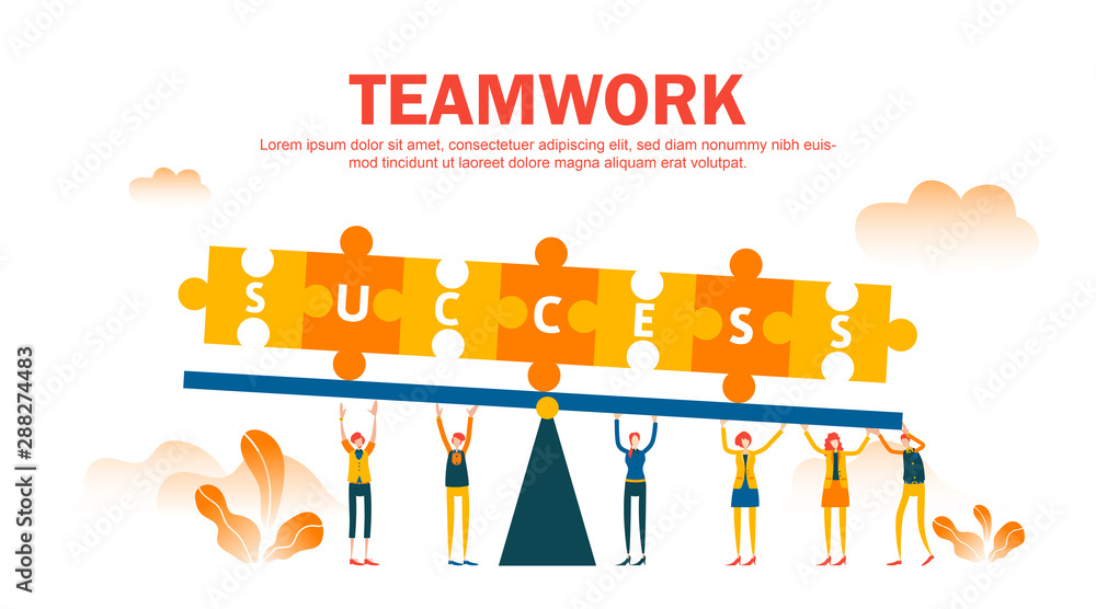 Teamwork concept with connecting puzzle and success word. Flat people ...