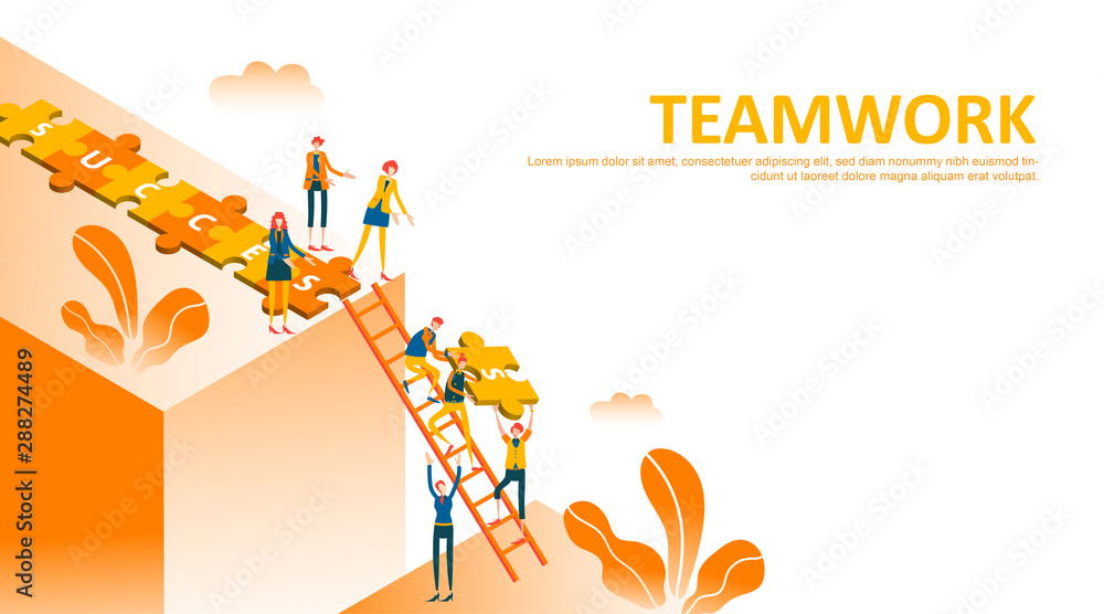 Teamwork of people connecting puzzle elements with climbing stair to ...