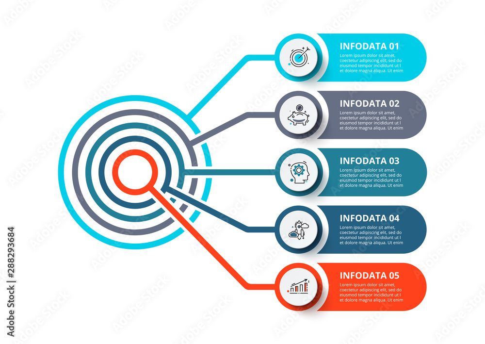 Business data visualization. Flowchart with 5 steps, options, parts or ...