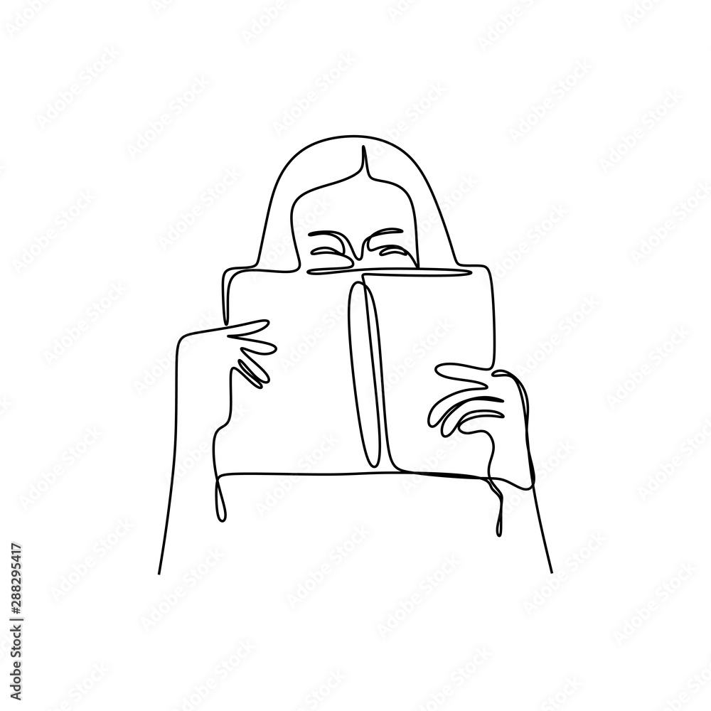 Continuous one line drawing teenager girl reading book vector ...