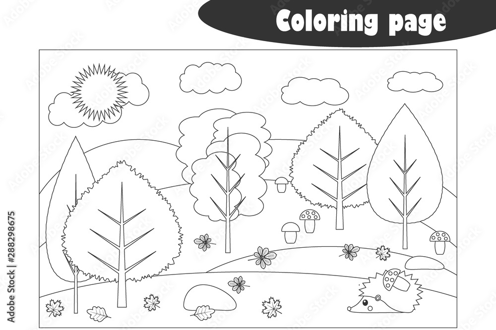 Forest in cartoon style, autumn black white coloring page, education ...