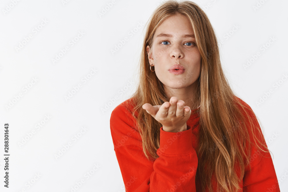 Portrait of sweat romantic young girlfriend with fair hair, freckles ...