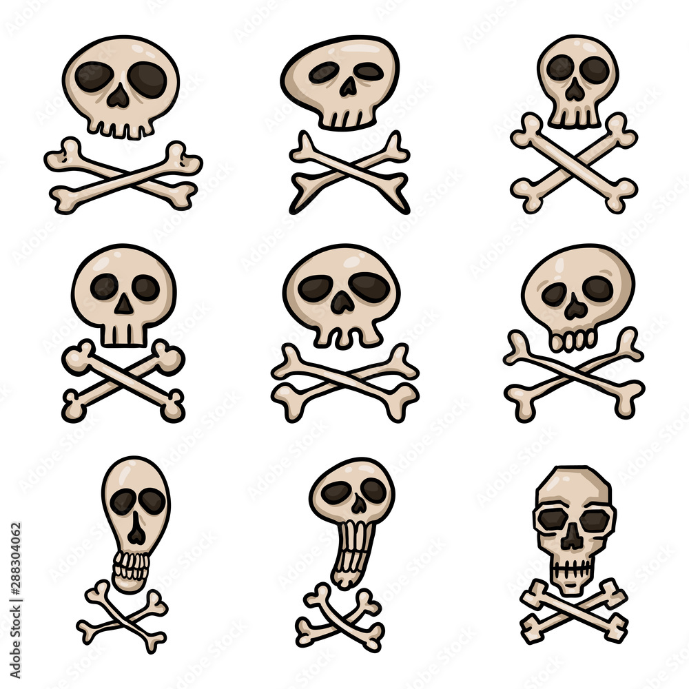 Vector Set of Cartoon Pirate Symbols. Skull and Crossbones Signs Stock ...