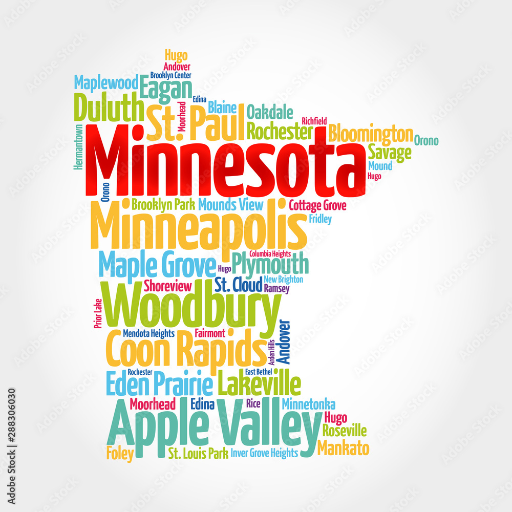 List of cities in Minnesota USA state, map silhouette word cloud map ...
