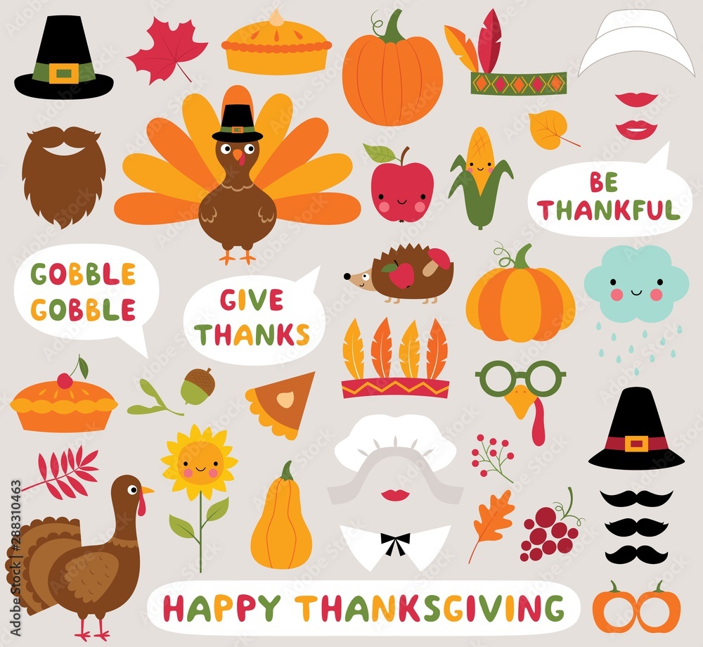 Thanksgiving icons vector set - turkeys, pumpkins and other Stock ...