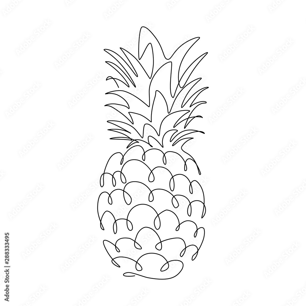 Pineapple tropical fruit in continuous line art drawing style. Black ...