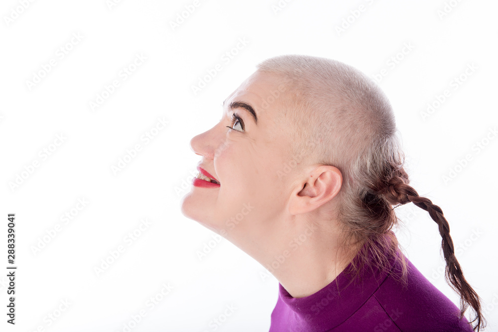 Female profile. Dummy. Bald woman. The nose and lips of the female face ...