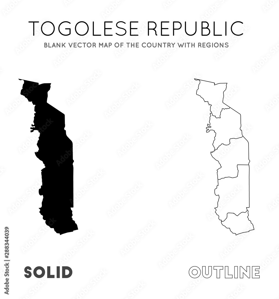 Togo map. Blank vector map of the Country with regions. Borders of Togo ...