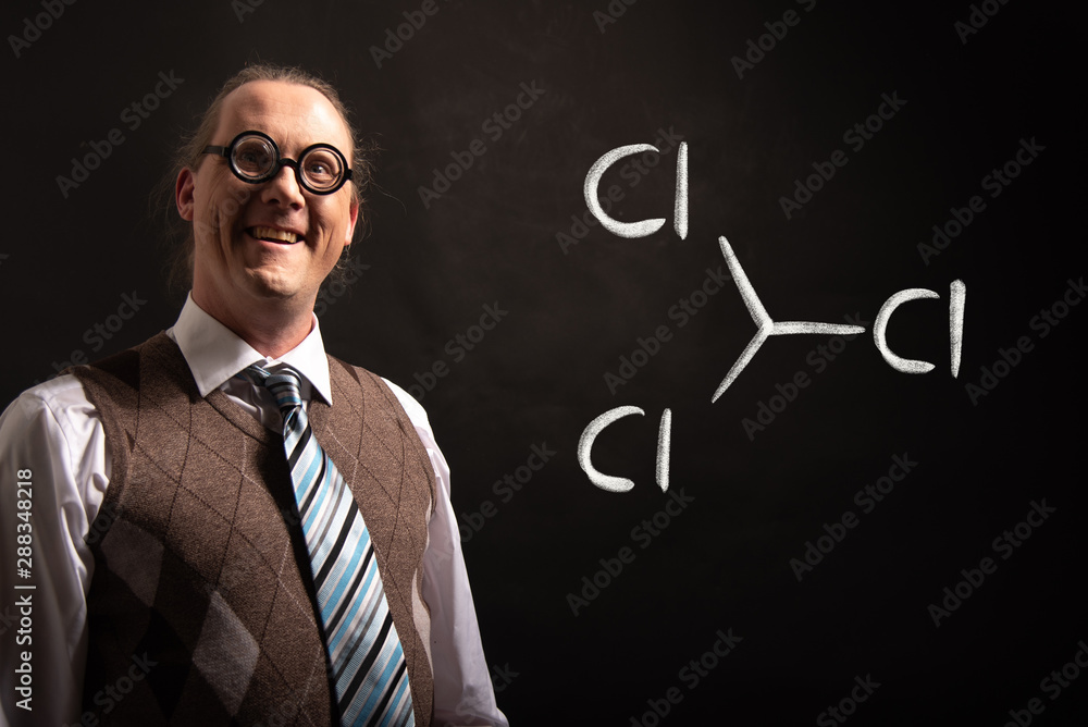 Professor presenting handdrawn chemical formula of trichloromethane ...