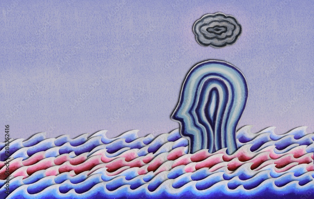 Surreal scene sad and depression concept, human head in water with ...