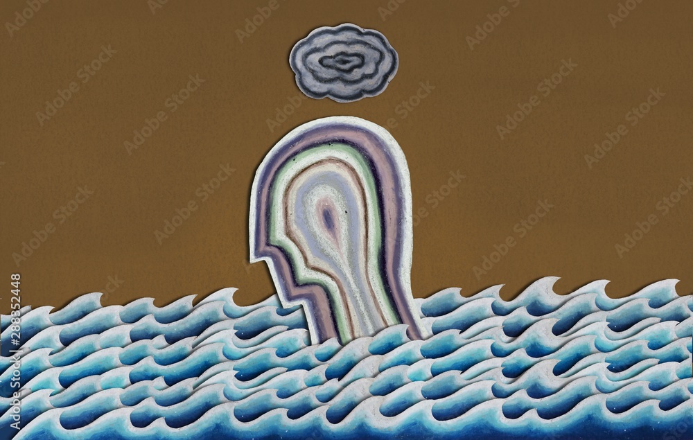 Surreal scene sad and depression concept, human head in water with ...