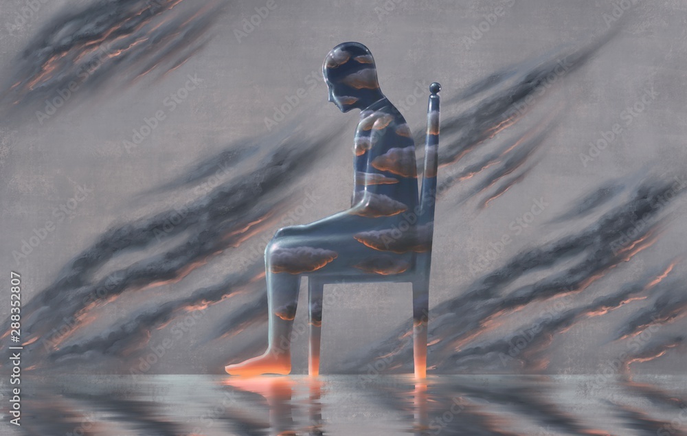 cloudy man sitting on a chair surreal illustration, sadness, loneliness ...