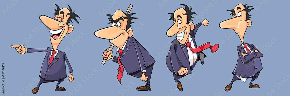 set of different poses of cartoon active man in suit with tie Stock ...
