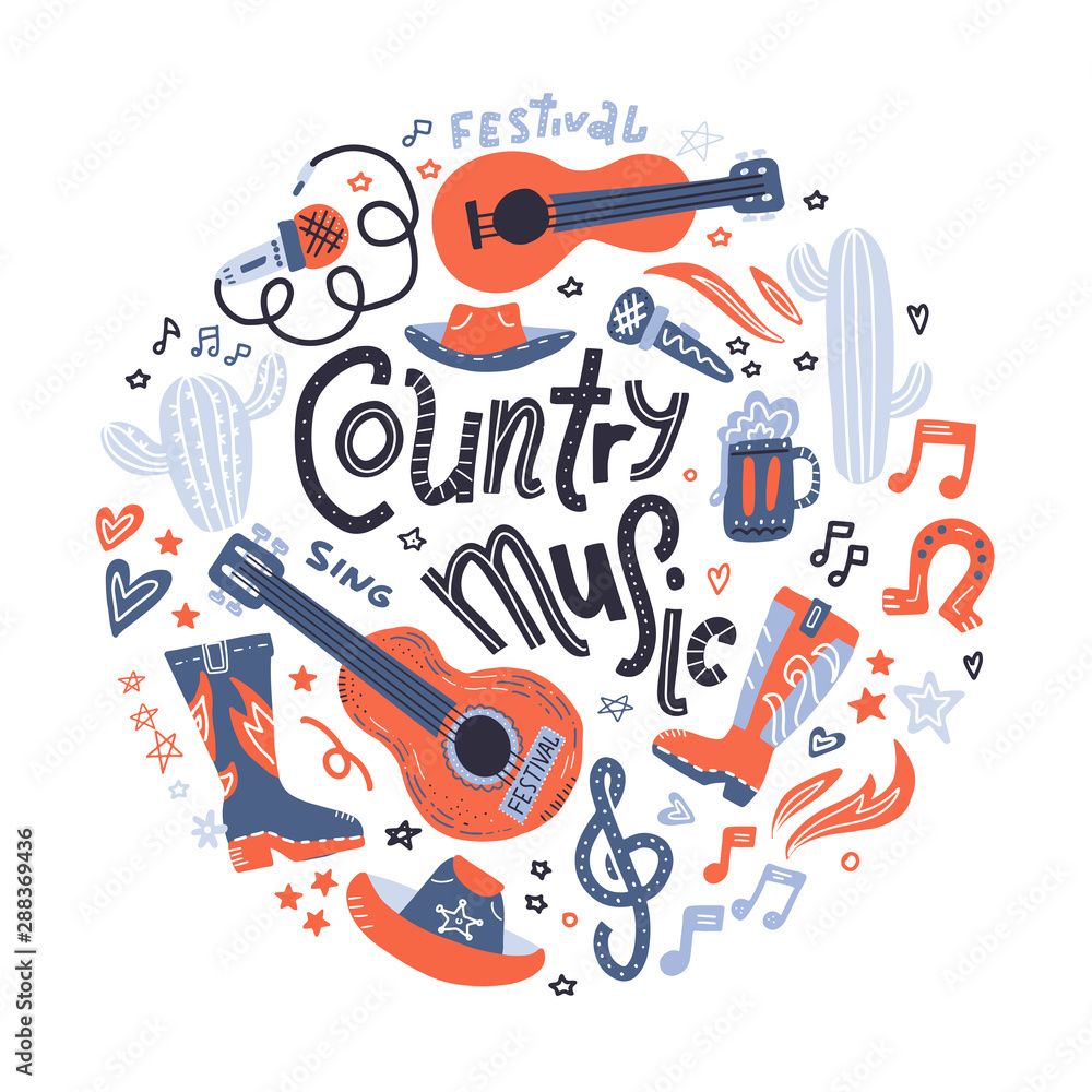 Round print with symbols of country music and hand drawn lettering in ...