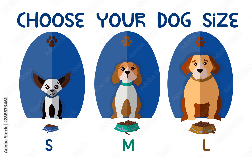 Three dog breeds of different sizes with food bowls and paw marks Stock ...