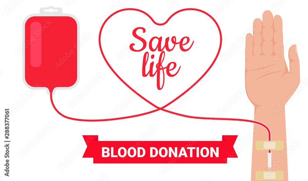 Blood donation concept. Flat vector colorful illustration. Hand in a ...