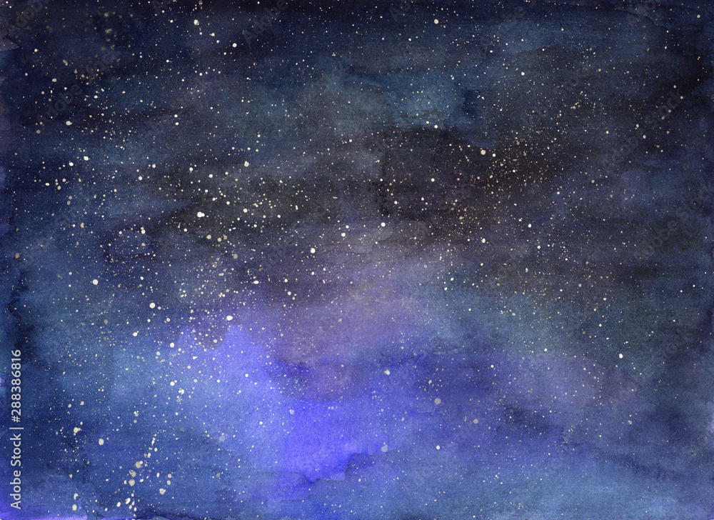 Starry sky. Galaxy. Hand-drawn, watercolor starry sky, milky way ...
