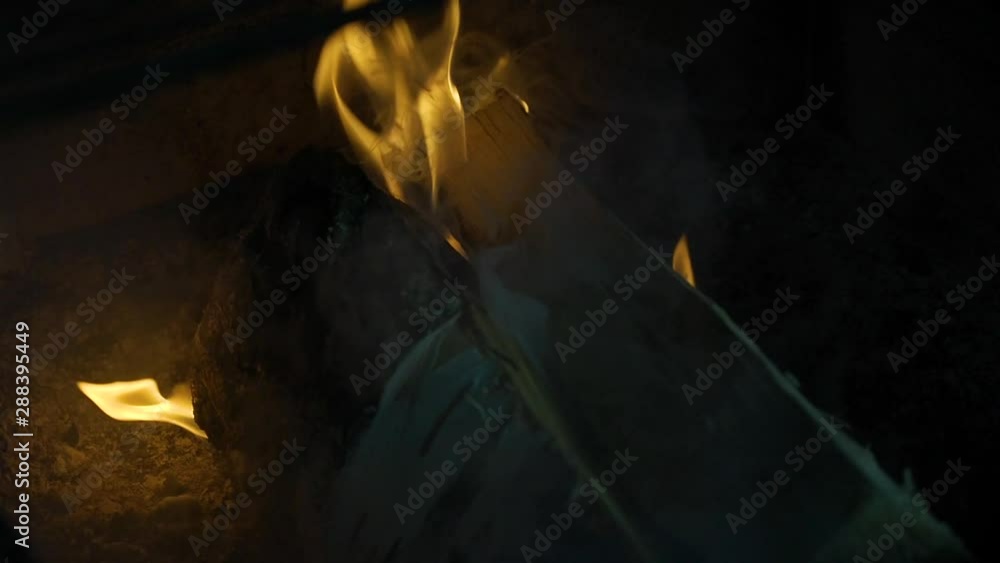 Close up shot of burning fire. Preparing embers for barbeque. Wood in ...