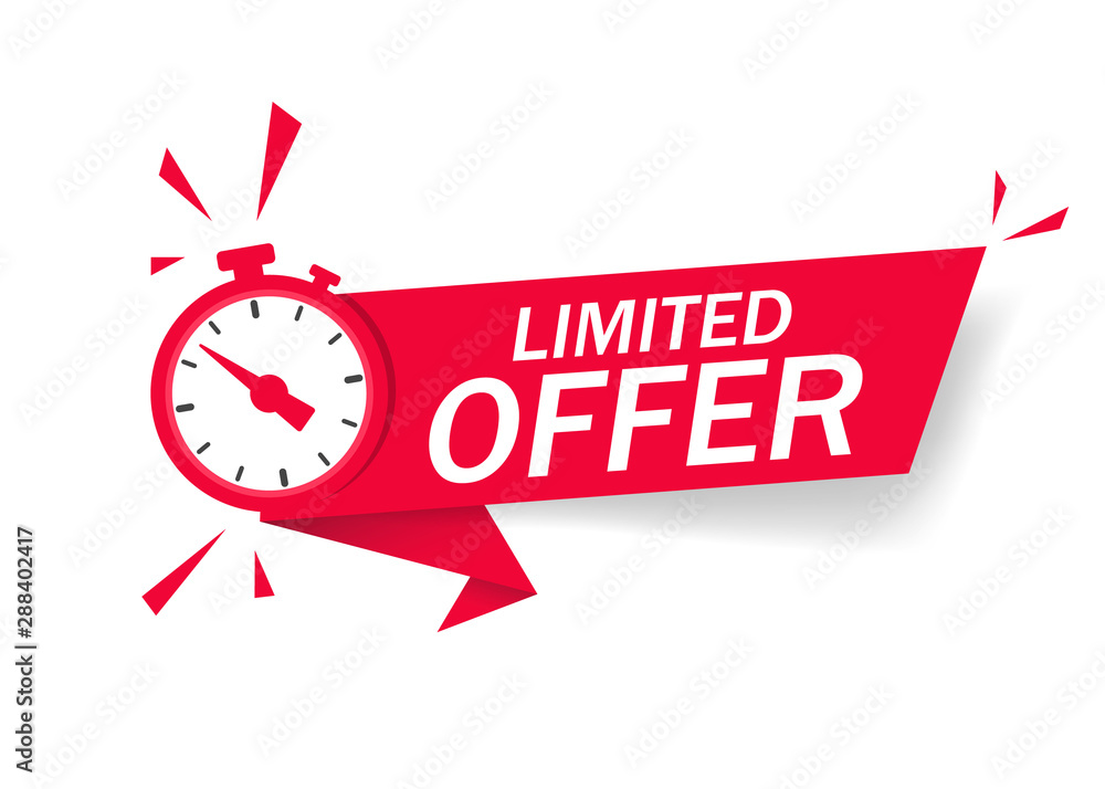 Red limited offer with clock for promotion, banner, price. Label ...