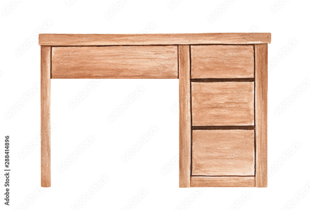 Wooden desk watercolour illustration. Traditional furniture for student ...