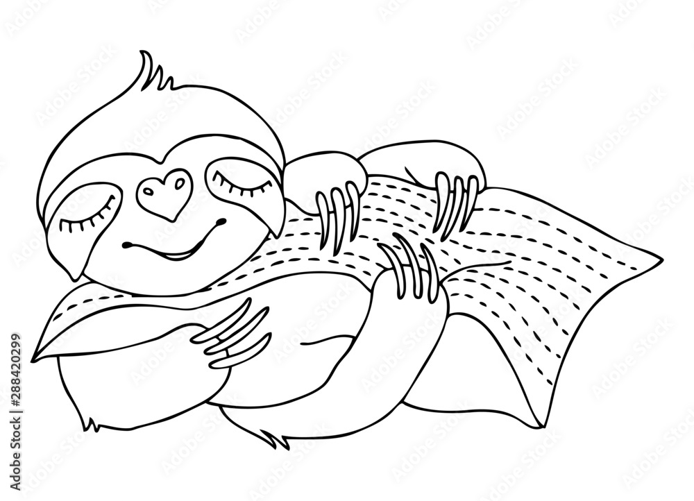 Good night. Cute sleeping baby sloth with pillow. Hand drawn lovely ...