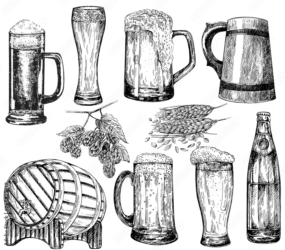 Set of hand drawn sketch style beer mugs, bottle, barrel with malt and ...