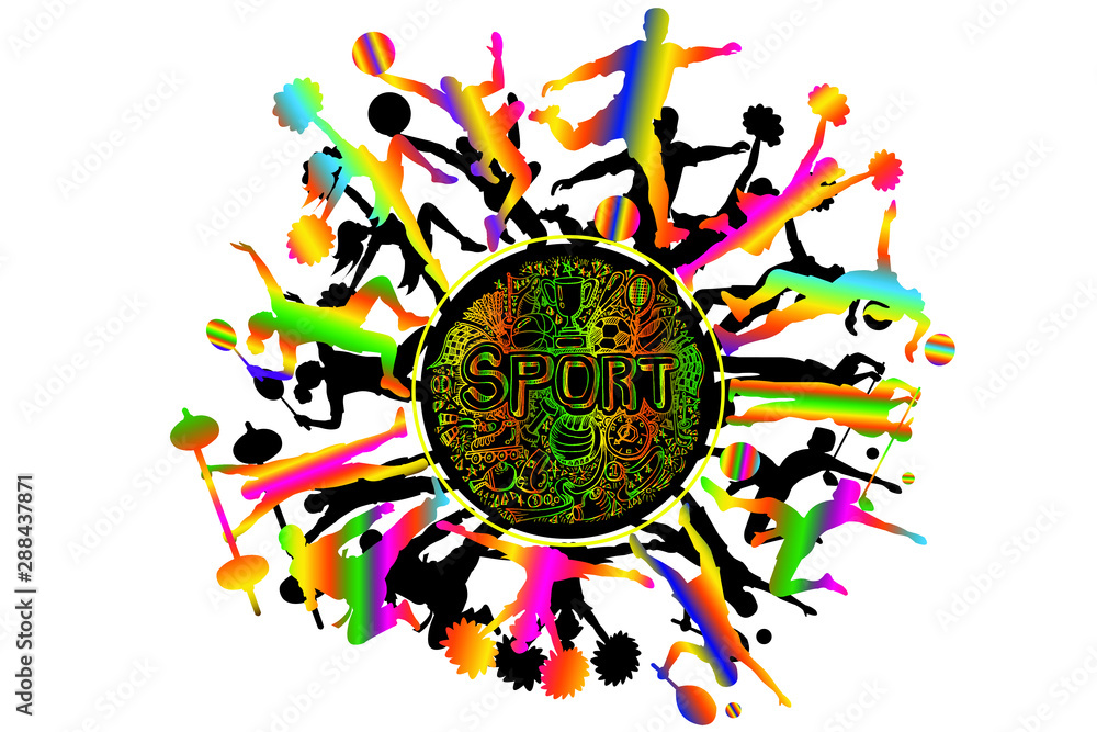 Colorful sports background. Football, Basketball, Cheerleader ...