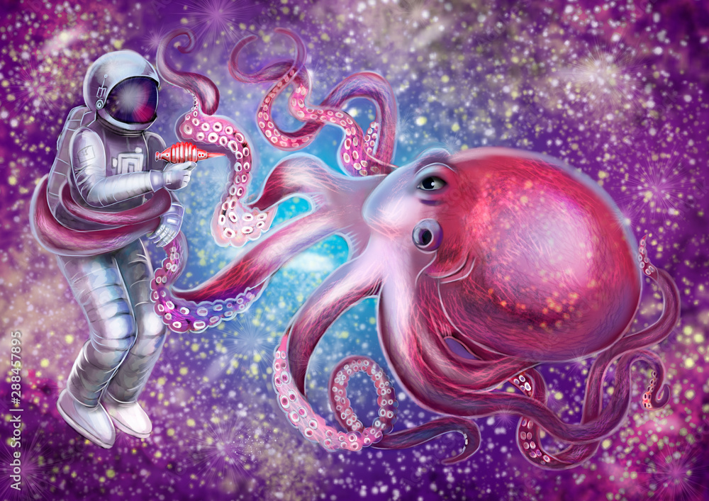 Octopus and astronaut in space. Digital illustration Stock Illustration ...