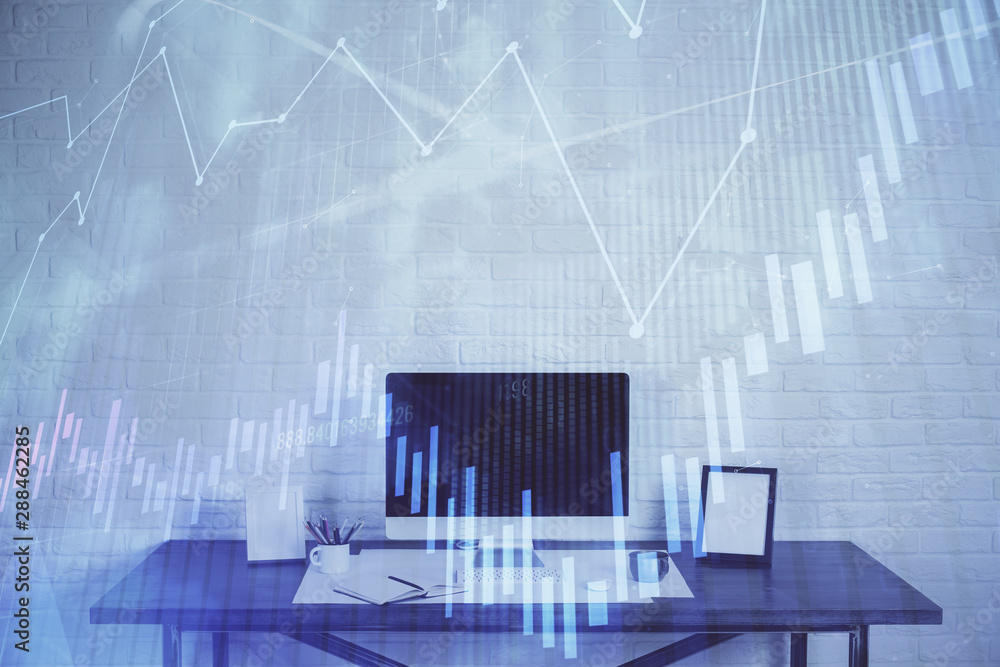 Stock market graph and table with computer background. Double exposure ...