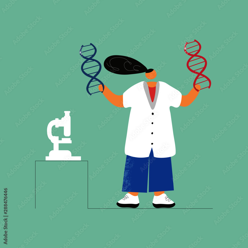 Standing geneticist with chromosomes hand drawn color illustration ...