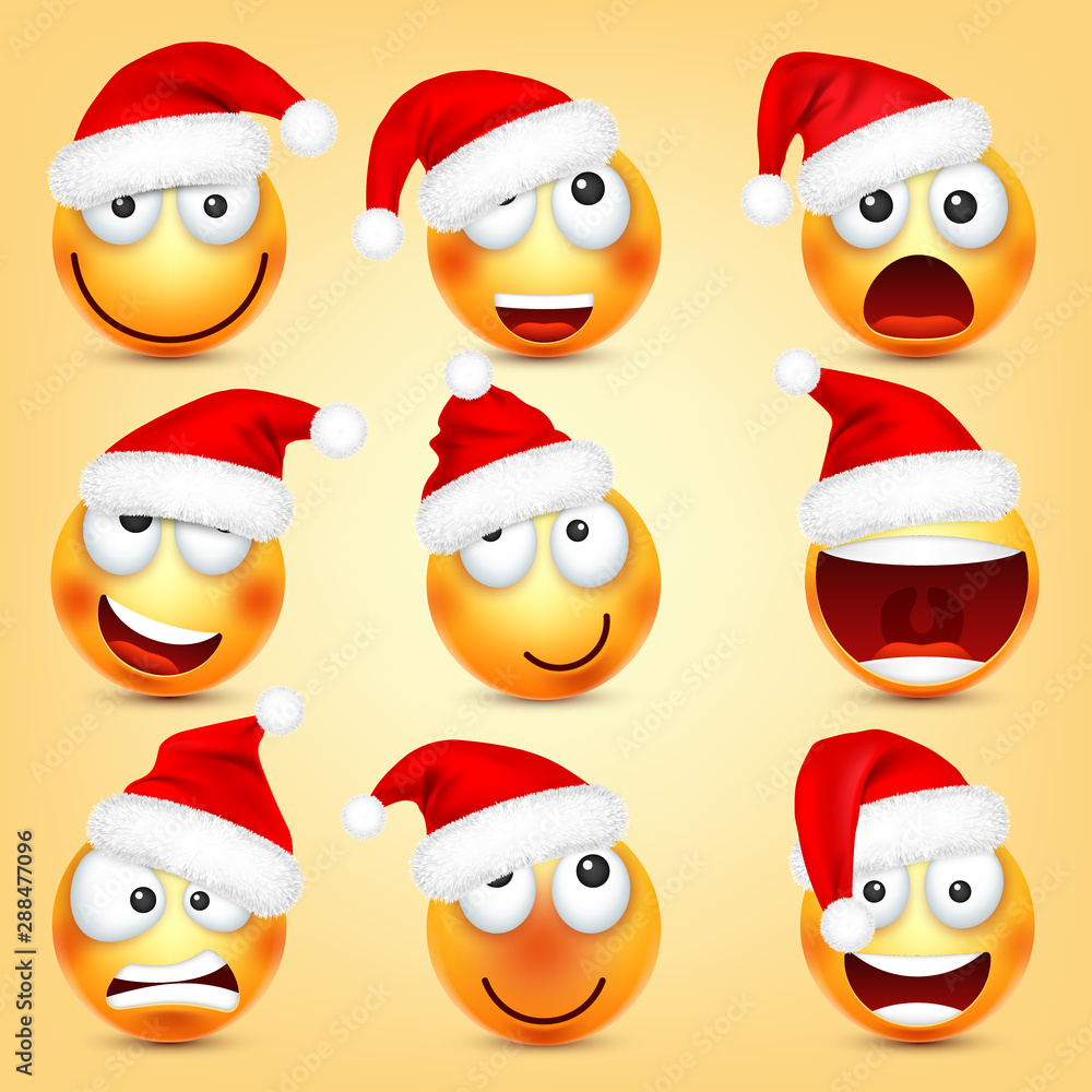 Emoticon vector set. Yellow face with emotions and Christmas hat. New ...
