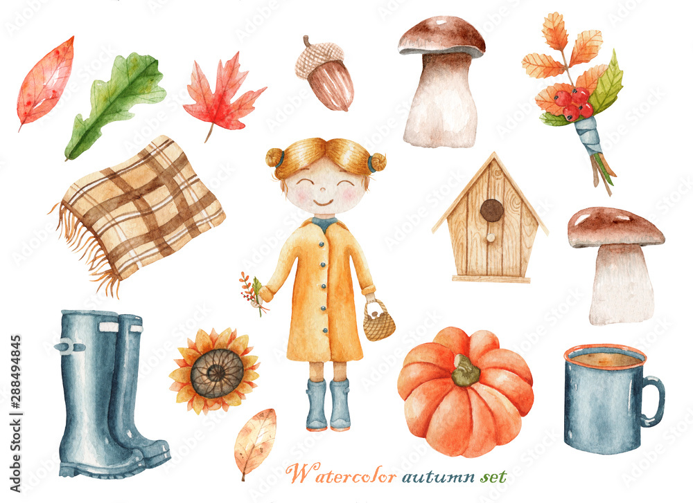 watercolor set of illustrations about autumn with a girl in a raincoat ...