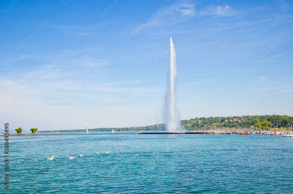 Jet d'Eau, famous water fountain in Geneva, Switzerland located on Lake ...