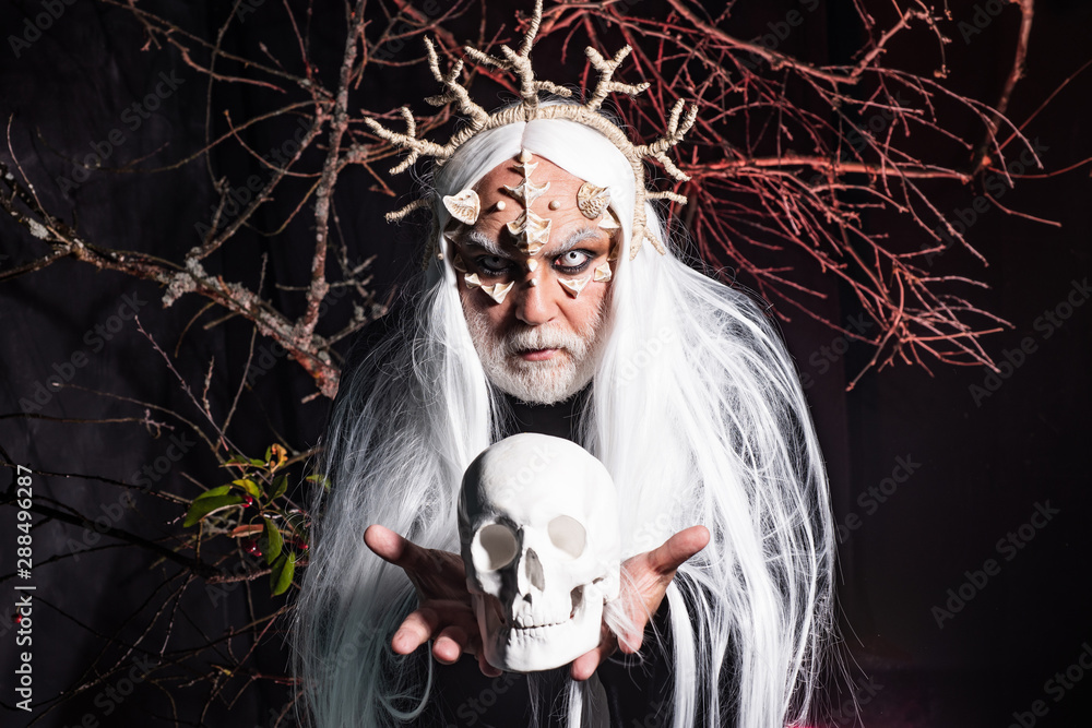 Satan on Hell. Horror with scary Halloween man. Alien with dragon skin ...