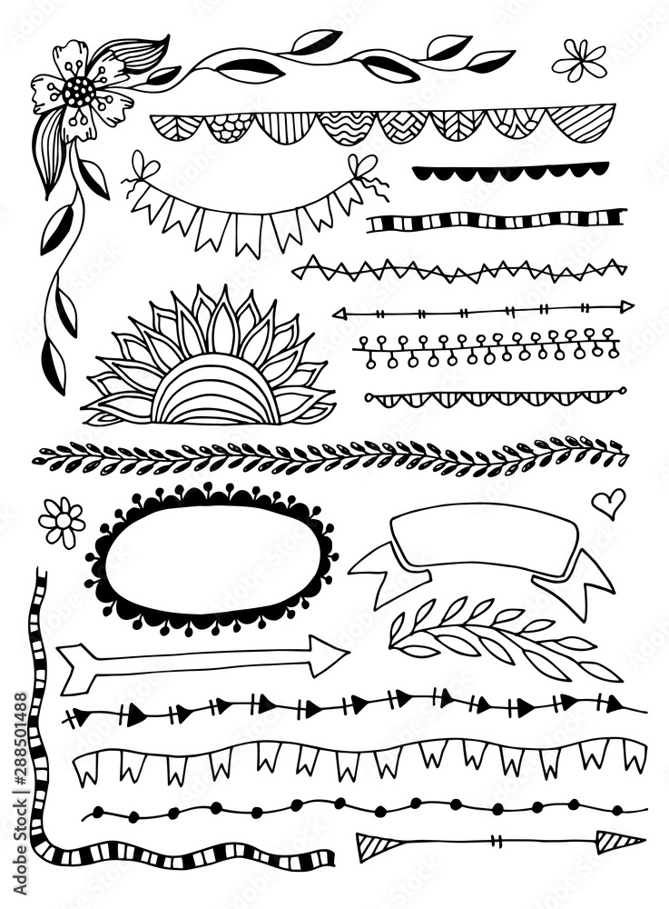 set of hand drawing sketch doodle divider decor elements frames, edge ...