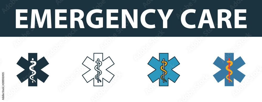 Emergency Care icon set. Four elements in diferent styles from medicine ...