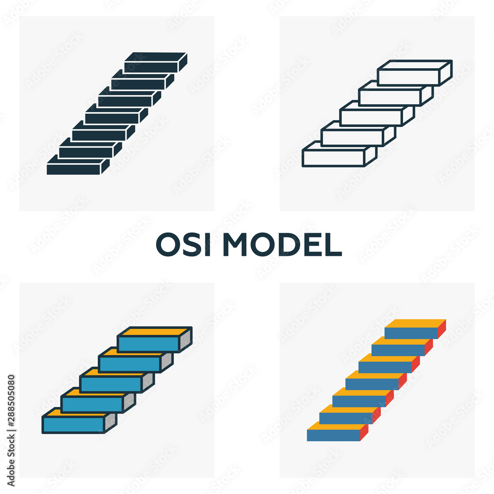 Osi Model icon set. Four elements in diferent styles from industry 4.0 ...
