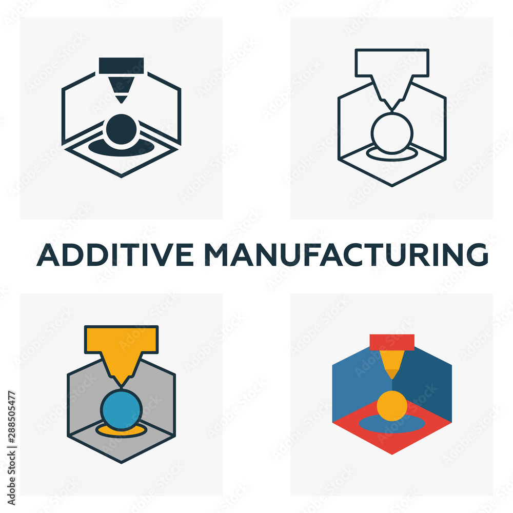 Additive Manufacturing icon set. Four elements in diferent styles from industry 4.0 icons ...