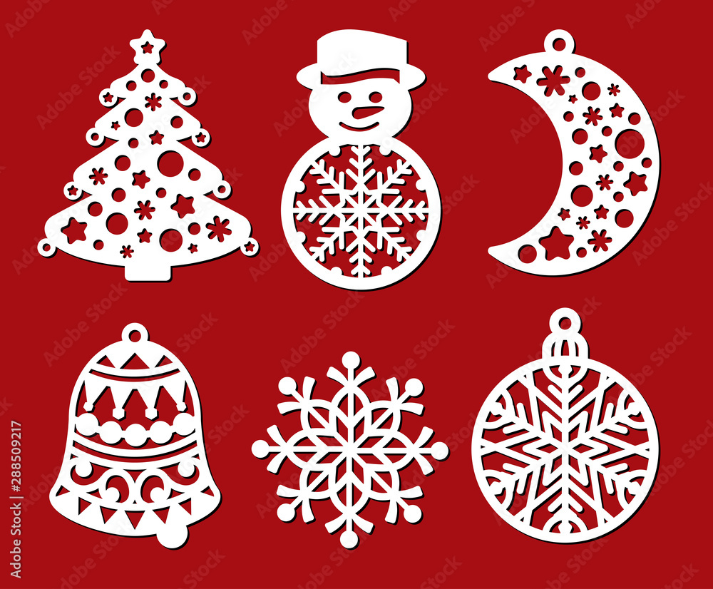 Set of Christmas decoration: xmas tree, snowman, crescent, bell ...