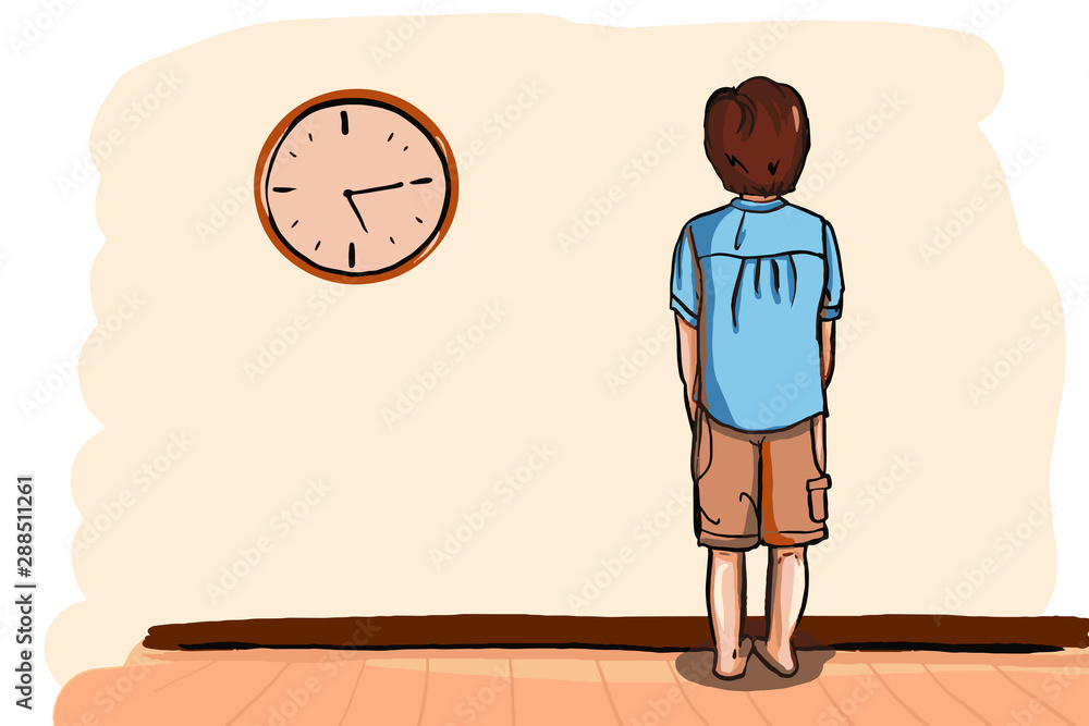 Cartoon ,child, turning a wall ,time - out illustration drawing ...