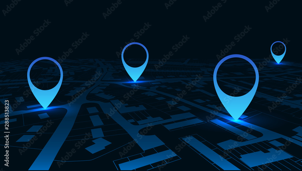 Night GPS navigator location on city map, from place to place – stock ...